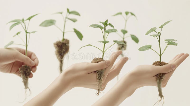 Three Hands Holding Plant Seedlings with Roots Stock Illustration ...