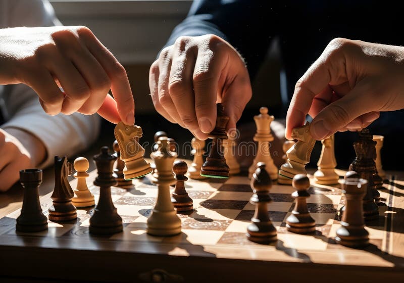 Three Hands Moving Chess Pieces from Different Directions on Same Board ...