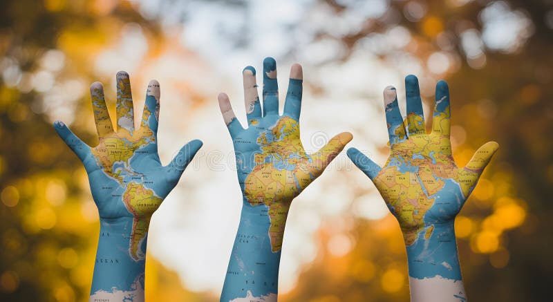 Three Hands Raised, World Map Painted, Autumn Background Stock ...
