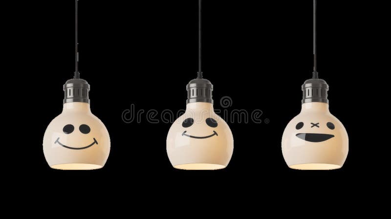 Three Hanging Light Bulbs with Smiley Faces on Transparent Background ...
