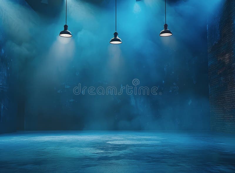 Three Hanging Lights Illuminating Empty Blue Room Stock Photo - Image ...