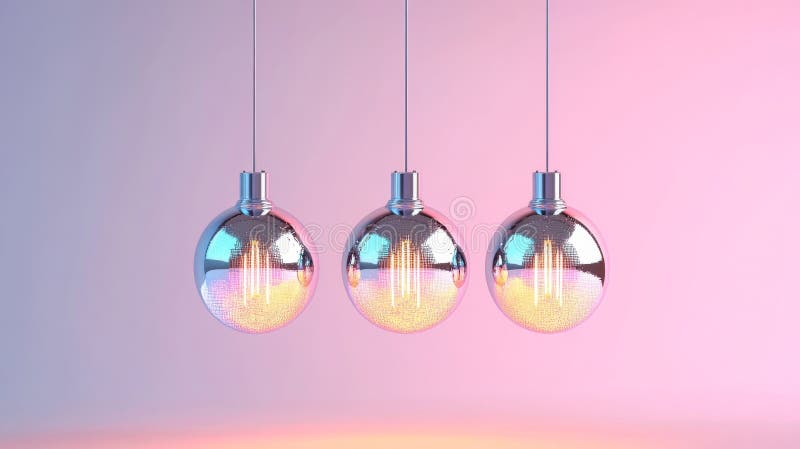 Three Hanging Pendant Lights with Reflection on Pink and Blue ...