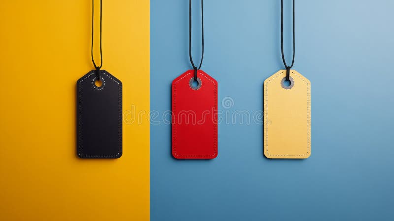 Three Hanging Price Tags on Yellow and Blue Background Stock ...