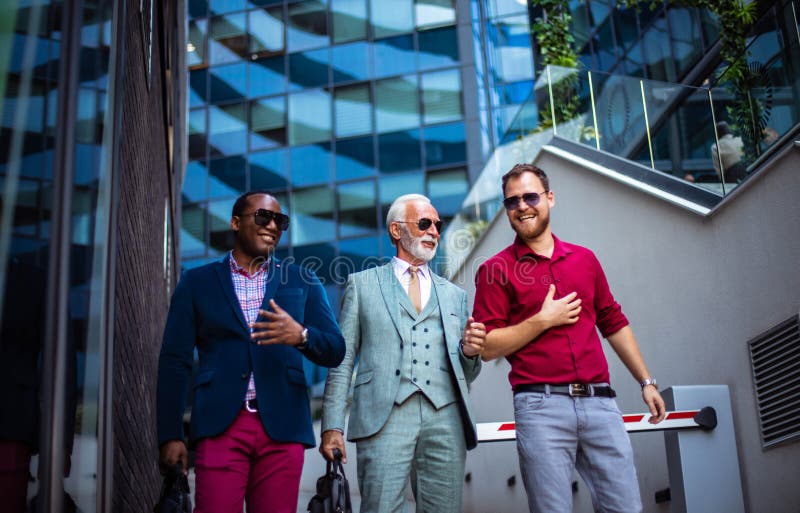 Happy Business Men Walking and Talking Outside Stock Image - Image of ...