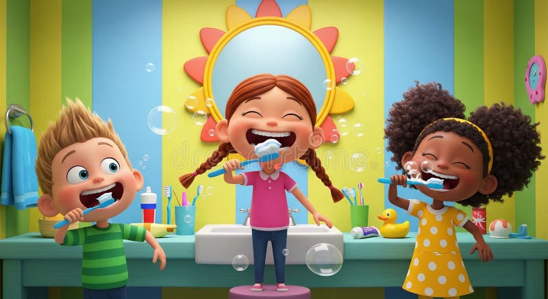 Three Happy Cartoon Kids are Standing in a Bathroom, Brushing Their ...