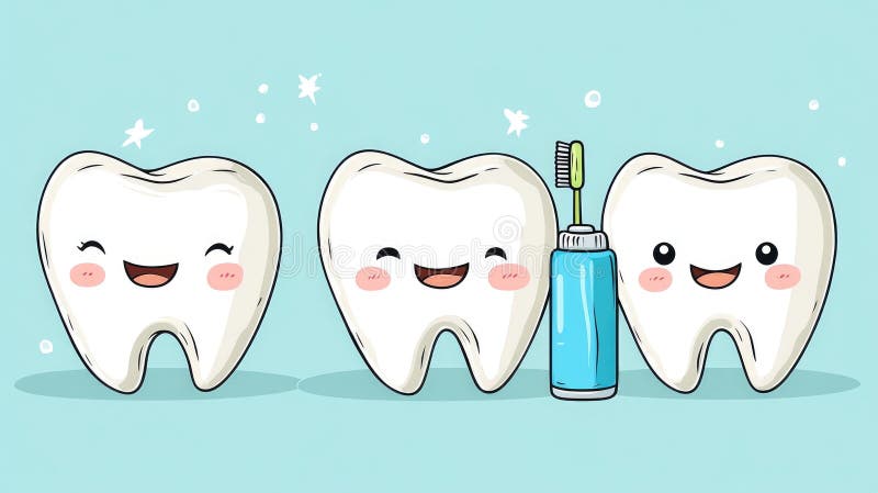 Three Happy Cartoon Teeth with Toothbrush and Toothpaste on Blue ...
