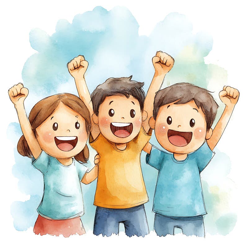 Three Happy Children Celebrating Watercolor Illustration Stock ...