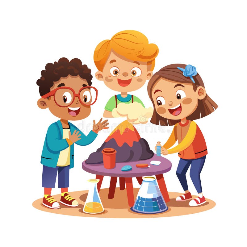 Excited Children Doing Volcano Science Experiment Together, Kids ...