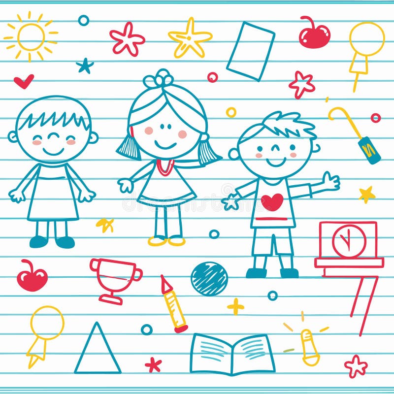 Three Happy Children Drawn on Lined Paper with Colorful Doodles Stock ...