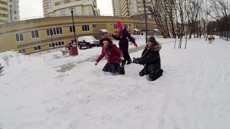 Three Happy Children Play Snowballs at Winter Day, Stock Footage ...
