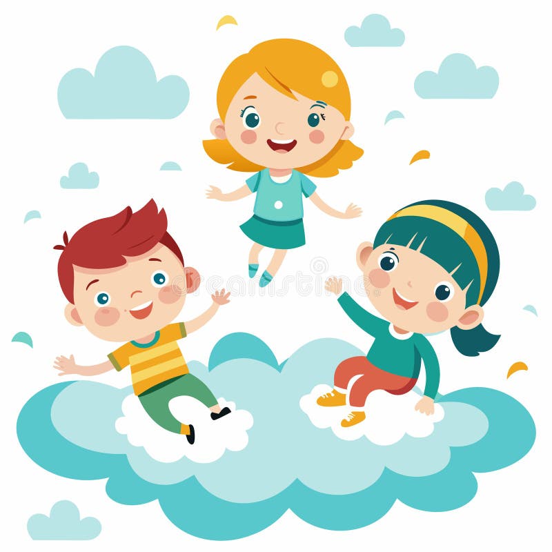 Three Happy Children Playing on a Cloud with a Blue Sky and White ...