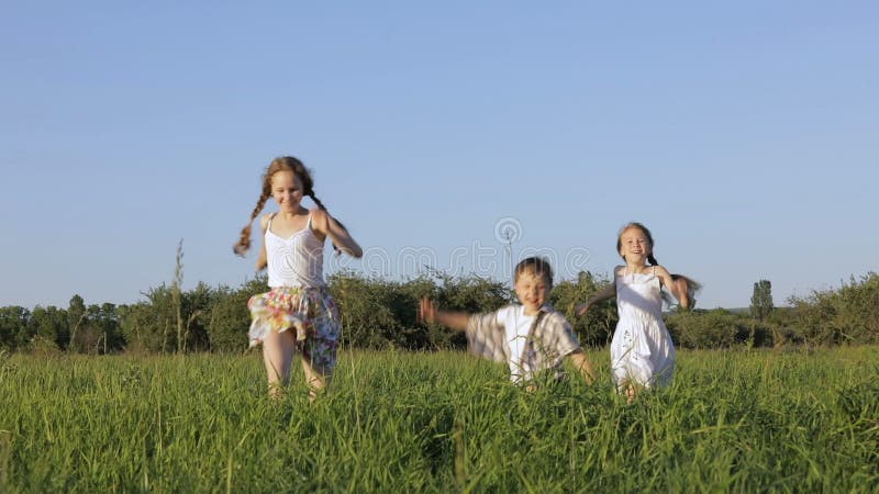 Three Happy Children Playing in the Field at the Day Time. Stock Video ...