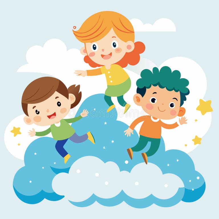 Three Happy Children Playing and Jumping on a Cloud Stock Vector ...