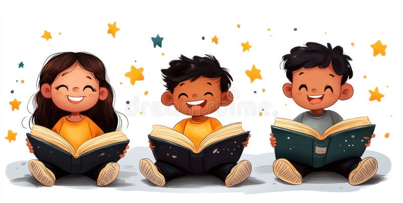 Three Happy Children Reading Books Illustration Stock Illustration ...