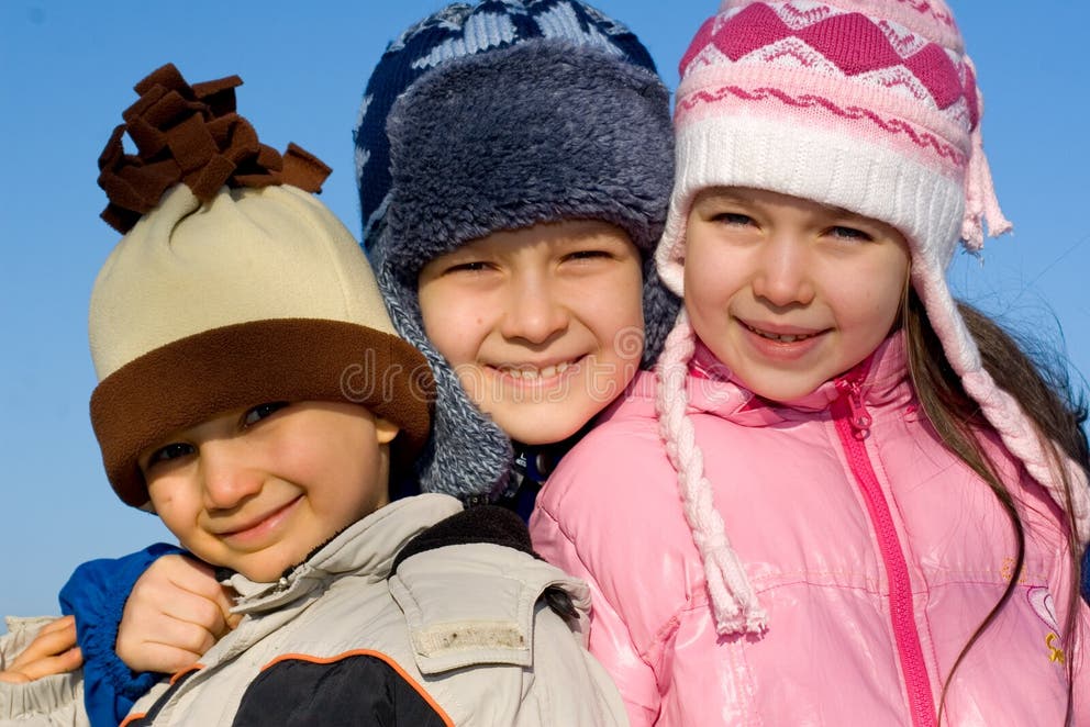 Three Happy Children - Winter Stock Photo - Image of chilly, adorable ...