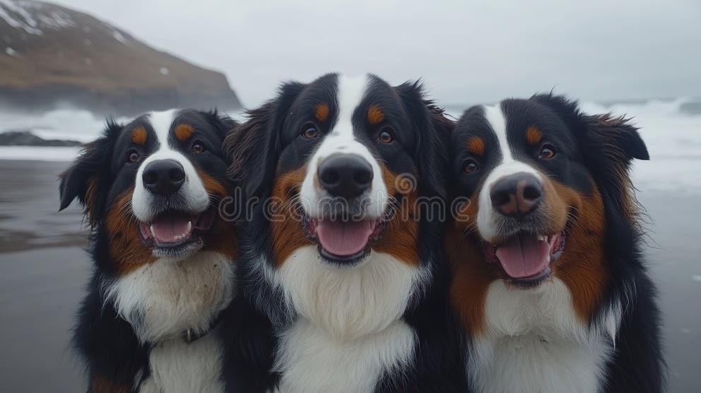 Three Happy Dogs on a Beach Stock Image - Image of furry, standing ...