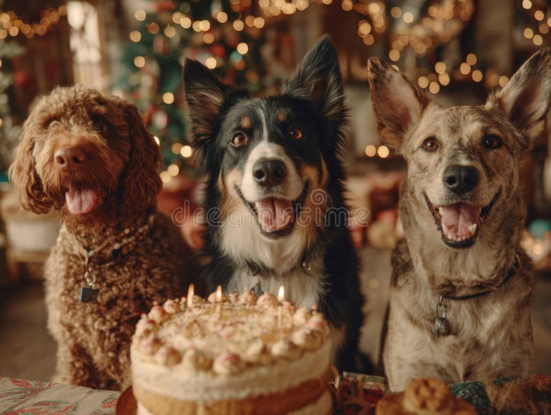 Three Happy Dogs with Birthday Cake at Christmas Stock Illustration ...