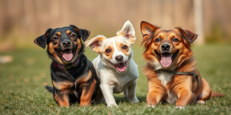 Three Happy Dogs Playing in the Grass Stock Illustration - Illustration ...