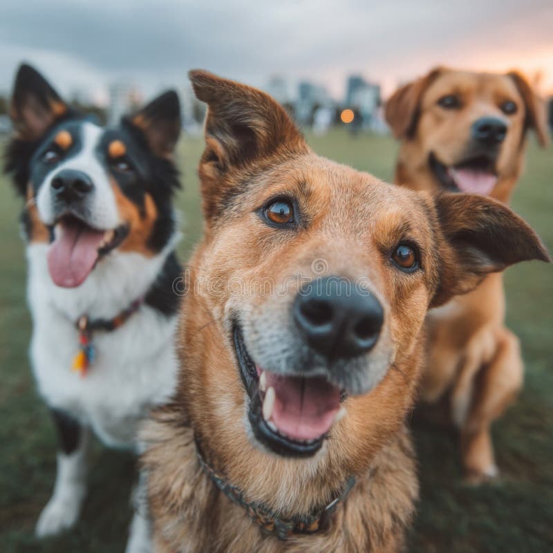 Three Happy Dogs Playing in a Park Stock Illustration - Illustration of ...