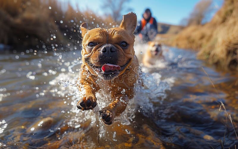 Three Happy Dogs Running and Playing in the Water Stock Image - Image ...