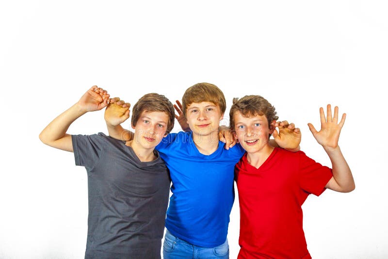 Three Happy Joyful Friends in Blue, Red and Black Stock Photo - Image ...