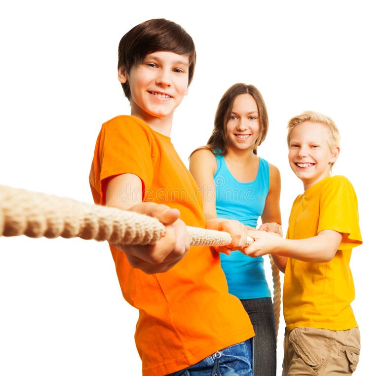 Three Happy Kids Pull the Rope Stock Image - Image of isolated, boys ...