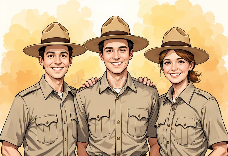 Three Happy Park Rangers, Teamwork, Conservation Stock Illustration ...