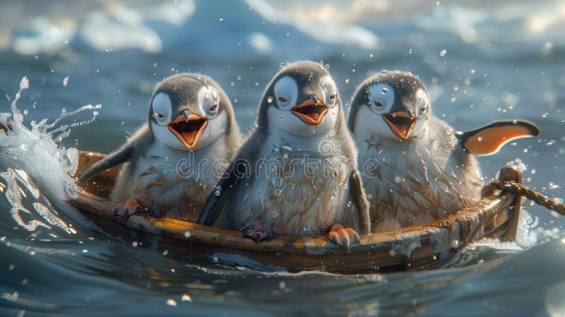 Three Happy Penguins on a Boat Sailing Across Antarctica Stock Photo ...