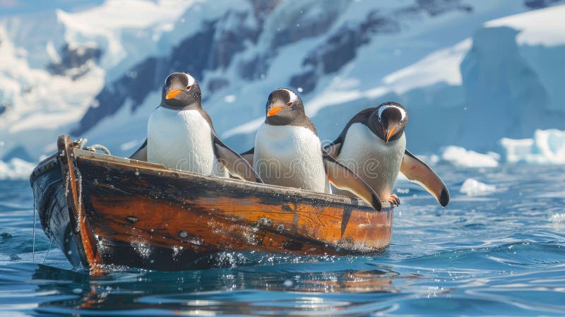 Three Happy Penguins on a Boat Sailing Across Antarctica Stock Image ...