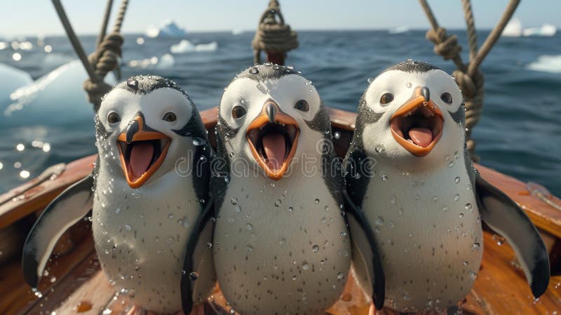 Three Happy Penguins on a Boat Sailing Across Antarctica Stock Image ...