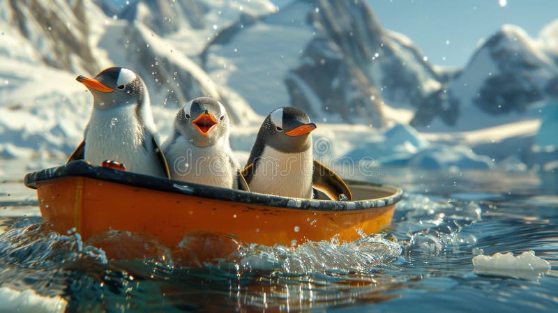 Three Happy Penguins on a Boat Sailing Across Antarctica Stock Image ...