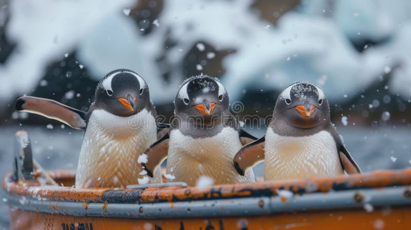 Three Happy Penguins on a Boat Sailing Across Antarctica Stock Image ...