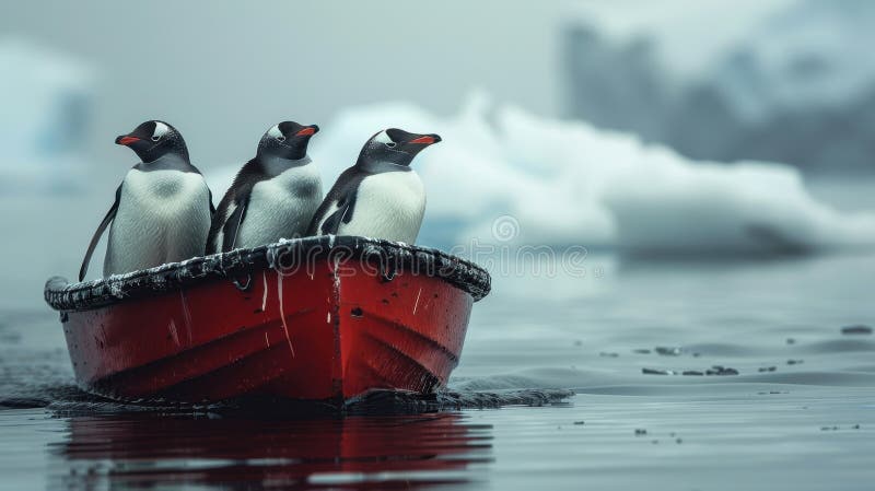 Three Happy Penguins on a Boat Sailing Across Antarctica Stock Image ...