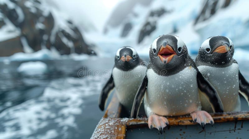 Three Happy Penguins on a Boat Sailing Across Antarctica Stock Image ...