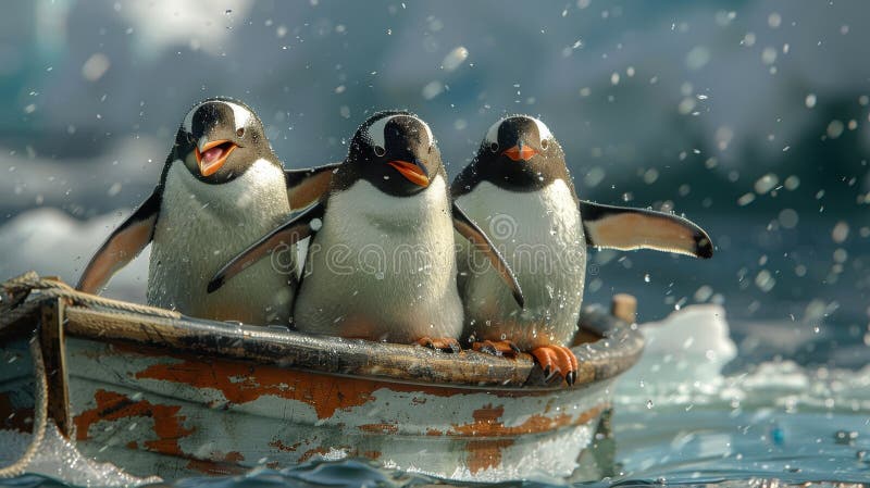 Three Happy Penguins on a Boat Sailing Across Antarctica Stock Image ...