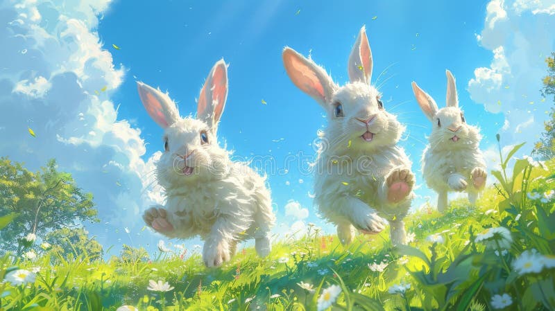 Three Happy Rabbits in a Sunny Field - Generative Ai Stock Illustration ...