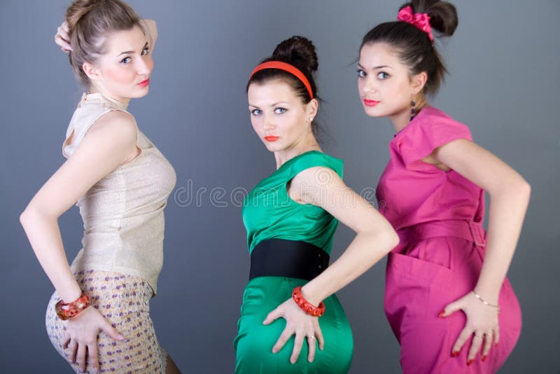 Three Happy Retro-styled Girls Stock Image - Image of beautiful ...