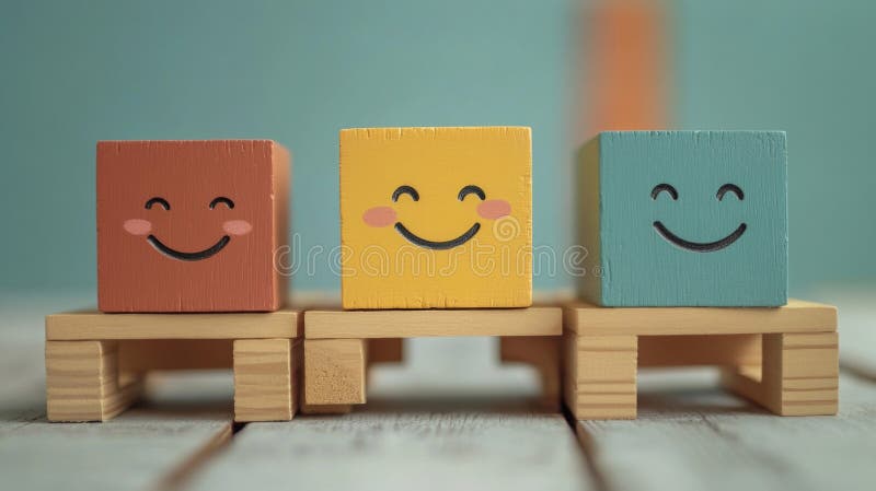 Three Happy Smiling Wooden Cubes on Small Wooden Stands Stock ...
