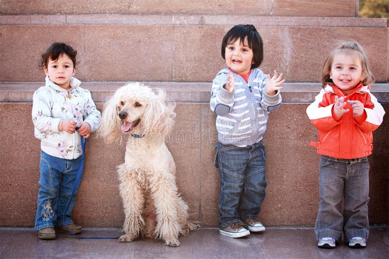 Three Happy Young Children with Pet Dog. Stock Image - Image of park ...