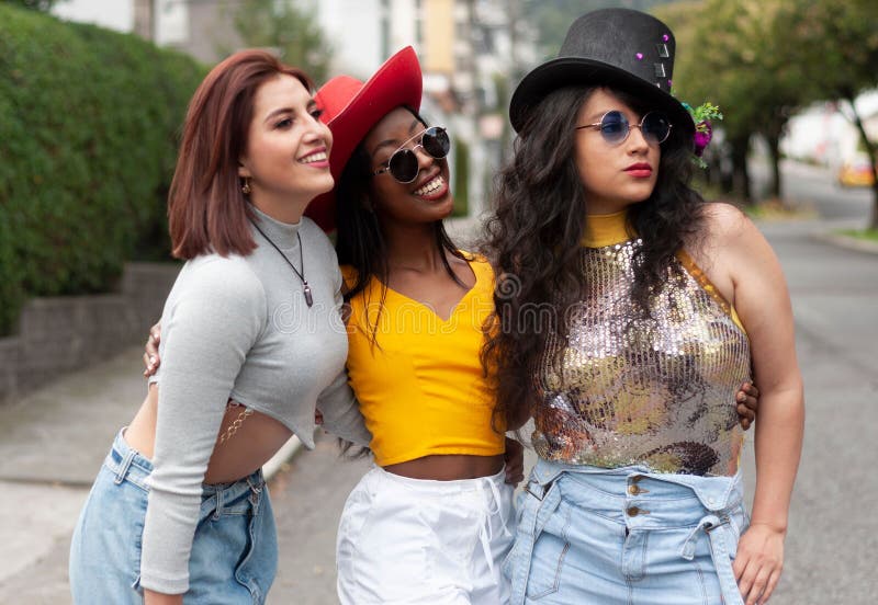 Three Happy Young Friends in the Street Stock Image - Image of young ...