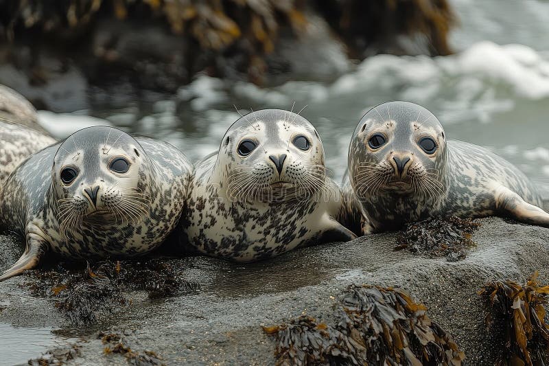 Three Harbor Seals Resting on a Rocky Shore Stock Illustration ...