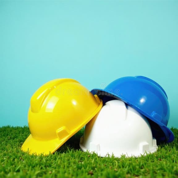 Three Hard Hats, Yellow, Blue, White, Stacked on Grass , Helmet Stack ...