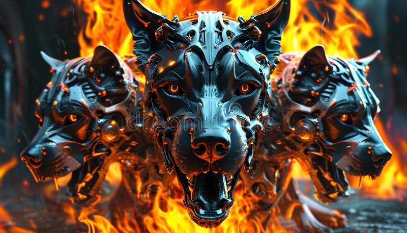 A Three-headed Metallic Wolf, Engulfed in Flames, Snarls with Glowing ...