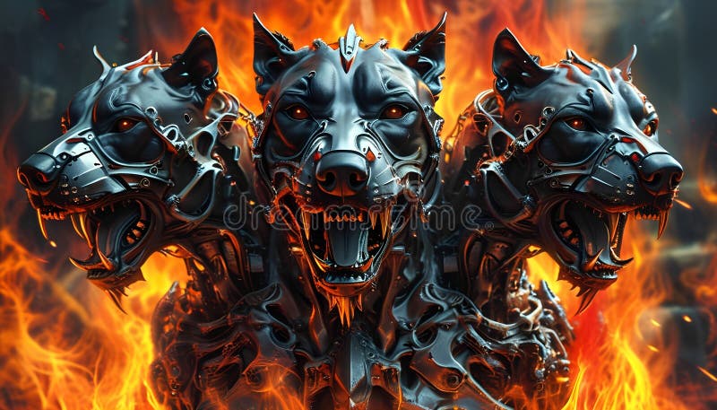 A Three-headed Metallic Wolf, Engulfed in Flames, Snarls with Glowing ...