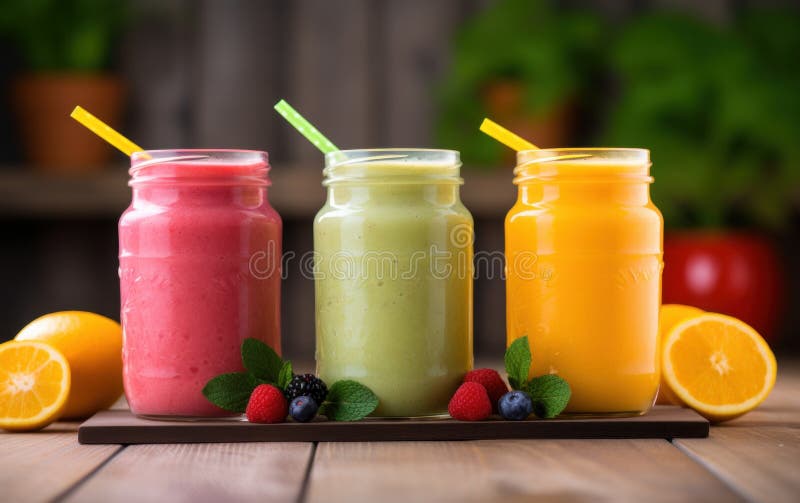 Three Healthy Fruit Smoothies are on a Table Stock Photo - Image of ...