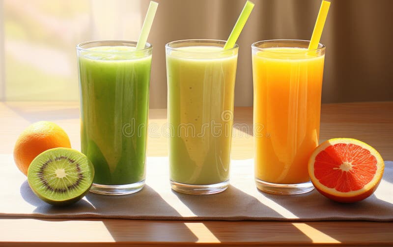 Three Healthy Fruit Smoothies are on a Table Stock Image - Image of ...