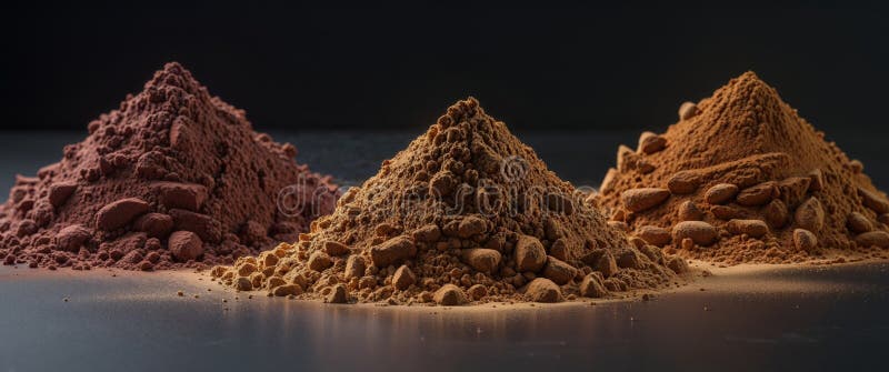 Three Heaps of Brown Powdered Ingredients on Black Background Stock ...