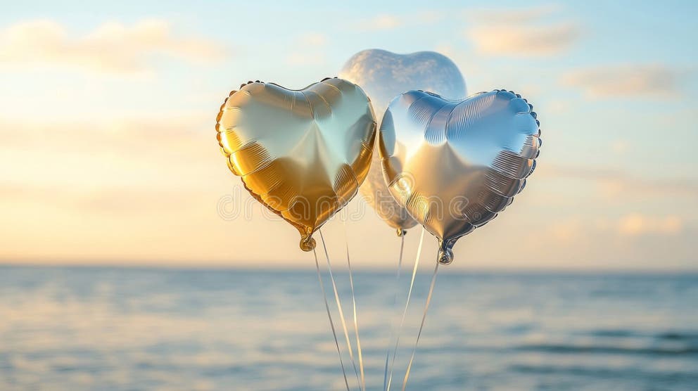 Three Heart Shaped Balloons Float Over Ocean Sunset Stock Illustration ...