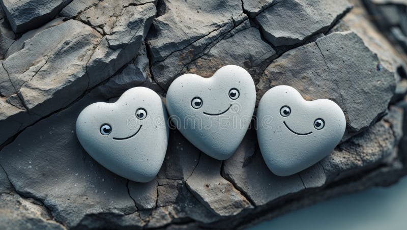 Three Heart Shaped Stones Smiling and Sitting on a Rock Stock Image ...