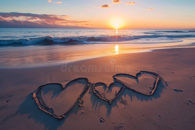 Three Hearts Drawn in the Sand at Sunset. Family Love Concept Stock ...